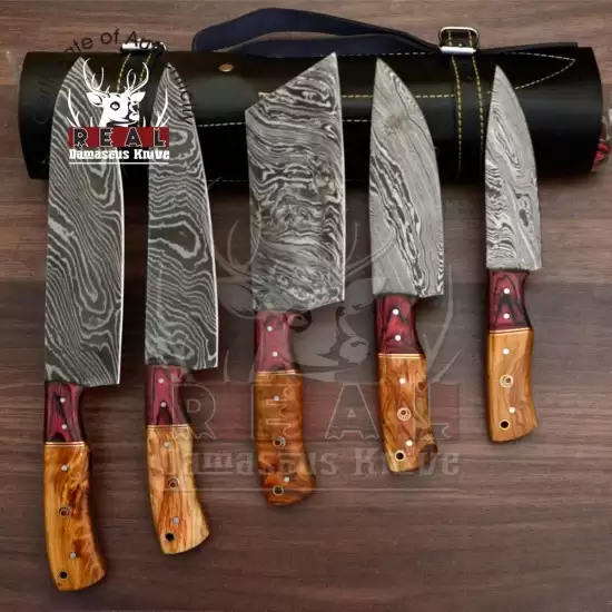 Handmade Damascus Chef set Of 5pcs With Leather