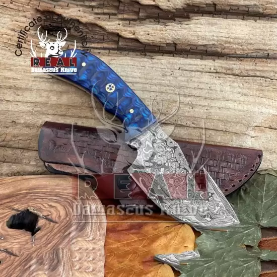 Damascus Steel Pocket Knife - Full Tang Fixed Blade Hunting Knife